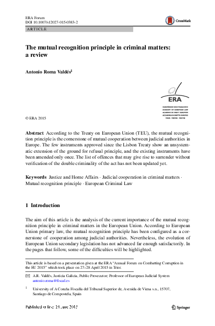 (PDF) The mutual recognition principle in criminal matters: a review
