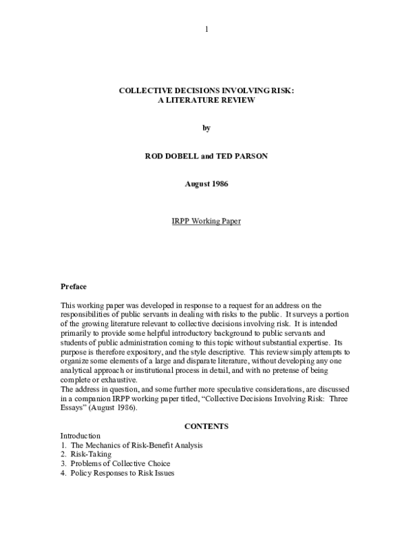 (PDF) 1 COLLECTIVE DECISIONS INVOLVING RISK : A LITERATURE REVIEW by ...