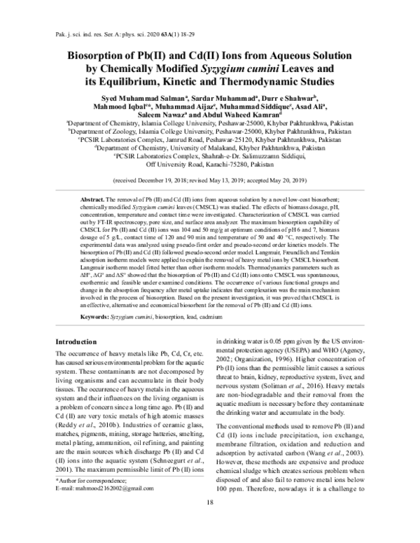 (PDF) Biosorption of Pb(II) and Cd(II) Ions from Aqueous Solution by Chemically Modified ...