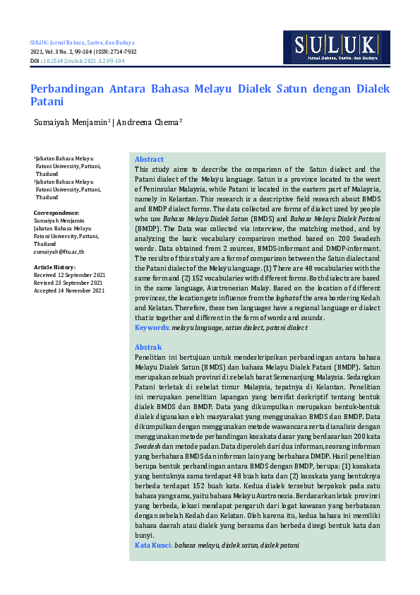 (PDF) Comparison Between The Satun Dialect and The Patani Dialect of ...