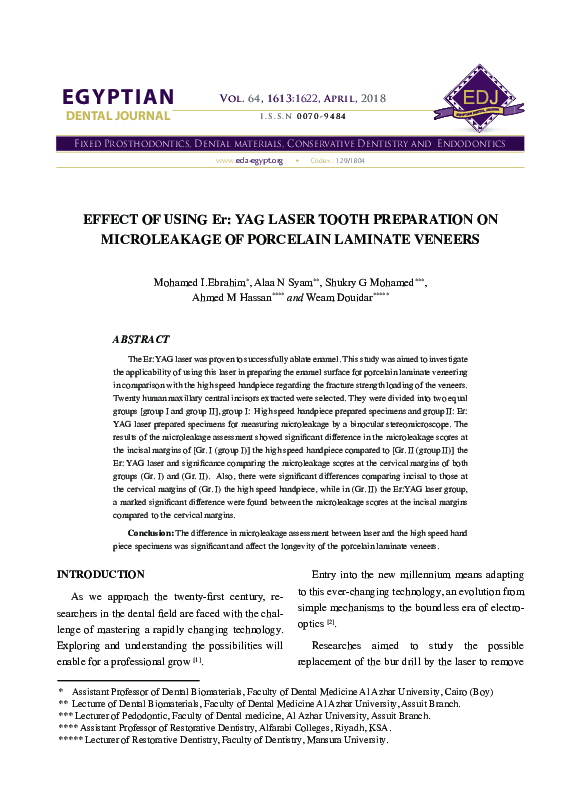 (PDF) EFFECT OF USING Er: YAG LASER TOOTH PREPARATION ON MICROLEAKAGE ...