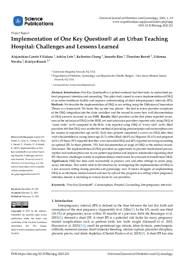(PDF) Implementation of One Key Question® at an Urban Teaching Hospital ...