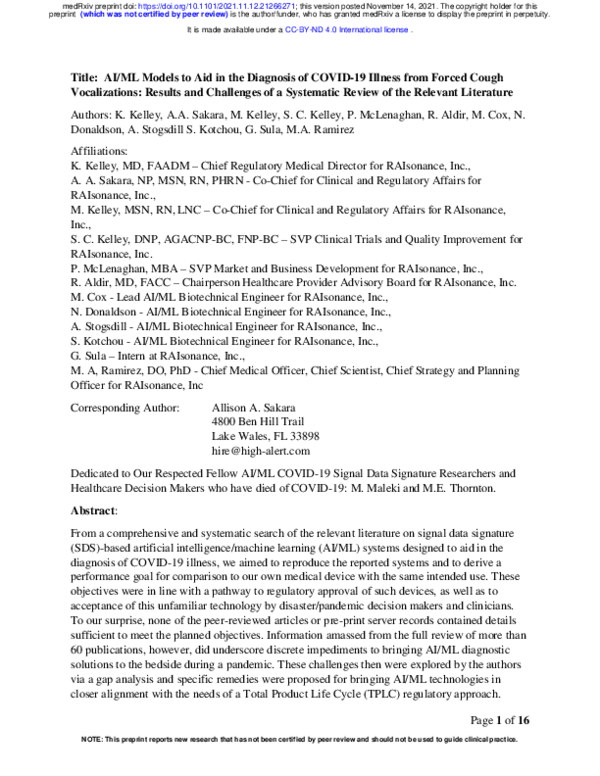(PDF) AI/ML Models to Aid in the Diagnosis of COVID-19 Illness from ...