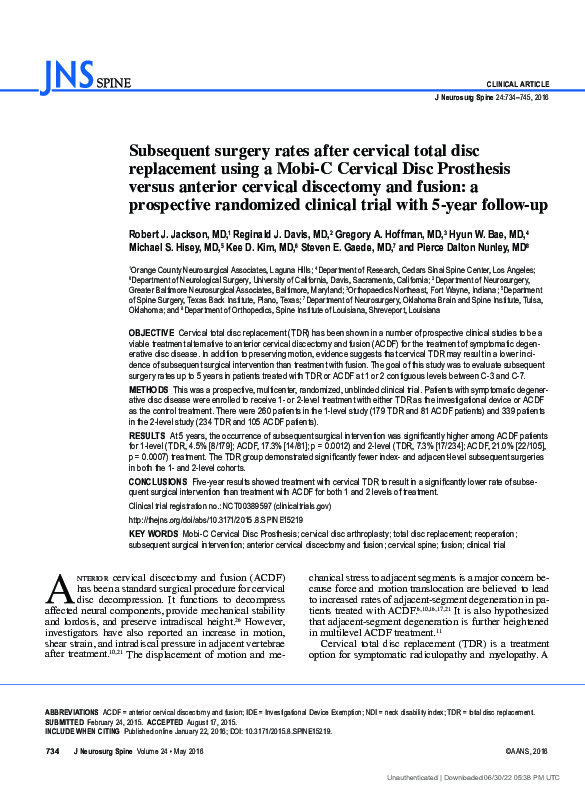 (PDF) Subsequent surgery rates after cervical total disc replacement ...