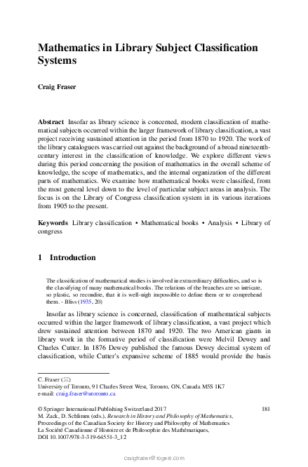 (PDF) Mathematics in Library Subject Classification Systems