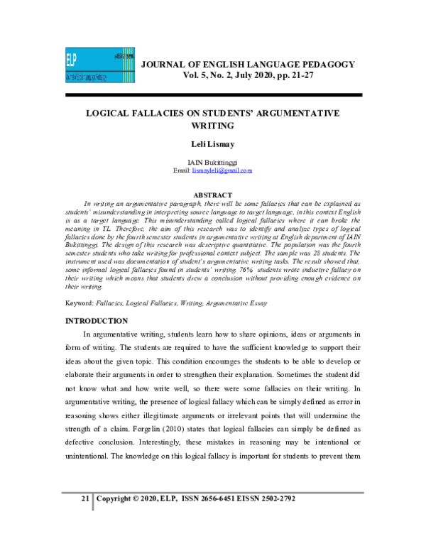 (PDF) Logical Fallacies on Students’ Argumentative Writing