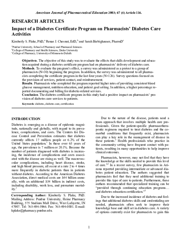 (PDF) Impact of a Diabetes Certificate Program on Pharmacists' Diabetes ...