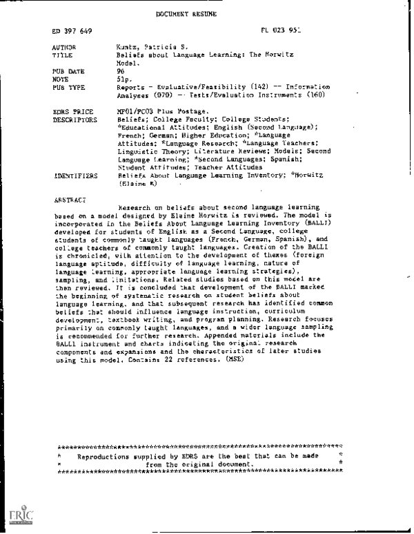 (PDF) Beliefs about Language Learning: The Horwitz Model