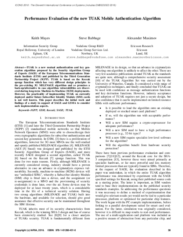 Pdf Performance Evaluation Of The New Tuak Mobile Authentication Algorithm
