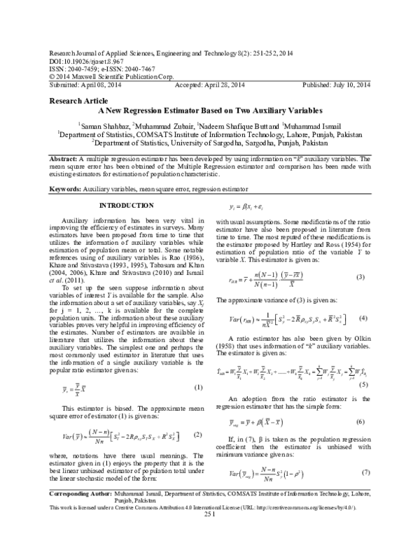 (PDF) A New Regression Estimator Based on Two Auxiliary Variables