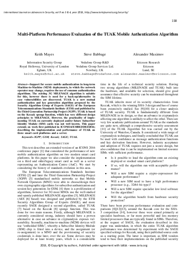 Pdf Multi Platform Performance Evaluation Of The Tuak Mobile Authentication Algorithm