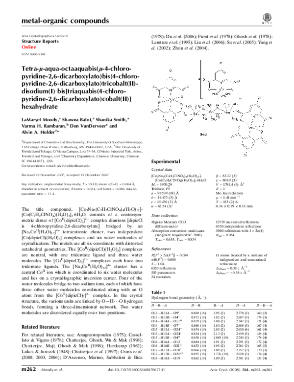 (PDF) Tetra-μ-aqua-octaaquabis(μ-4-chloropyridine-2,6-dicarboxylato)bis(4-chloropyridine-2,6 ...