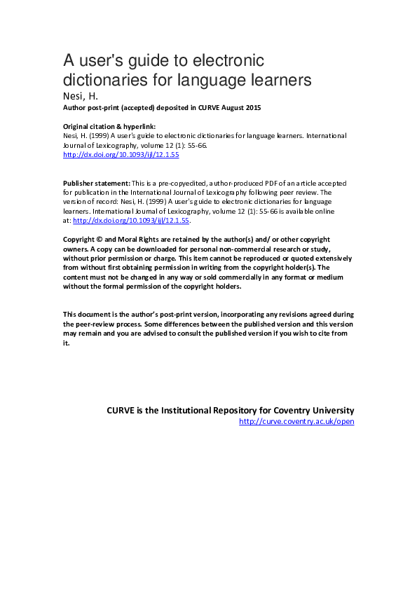 (PDF) A User's Guide to Electronic Dictionaries for Language Learners