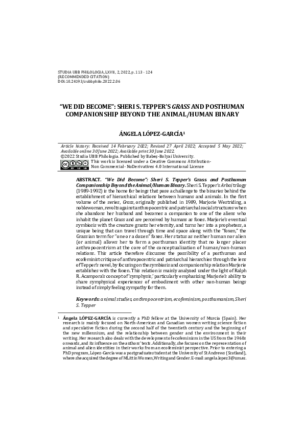 (PDF) "We Did Become": Sheri S. Tepper's Grass and Posthuman ...