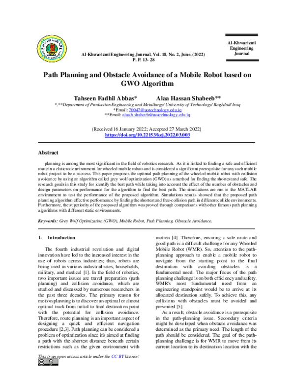 (PDF) Path Planning and Obstacle Avoidance of a Mobile Robot based on GWO Algorithm | Alaa ...