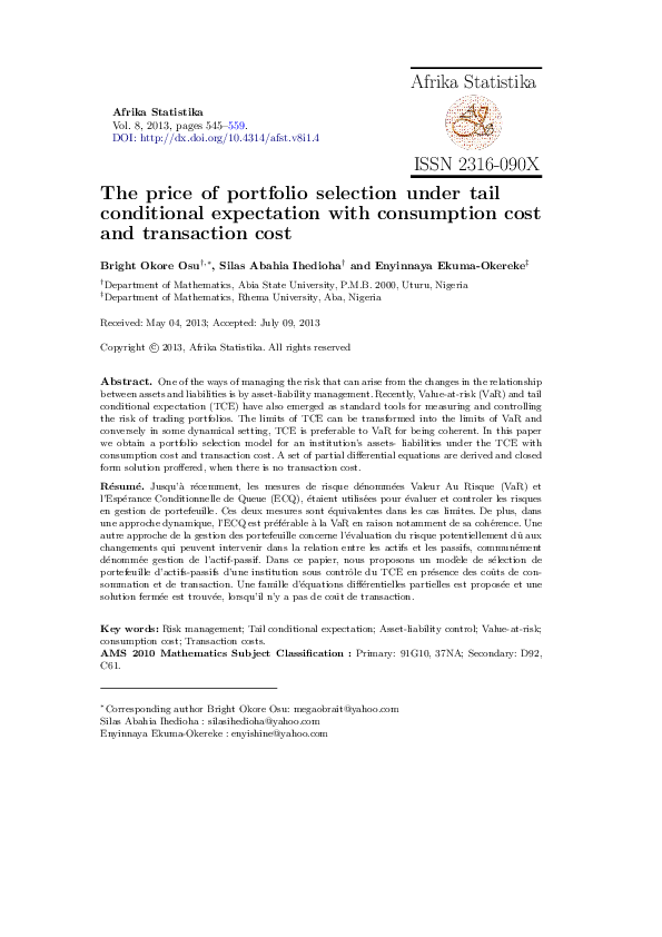 (PDF) The price of portfolio selection under tail conditional expectation with consumption cost ...