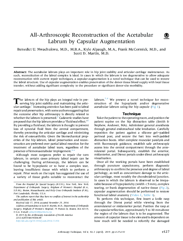 (PDF) All-Arthroscopic Reconstruction of the Acetabular Labrum by ...