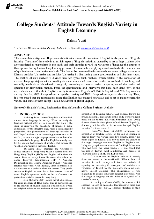 (PDF) College Students' Attitude Towards English Variety in English ... (PDF) College Students' Attitude Towards English Variety in English ...