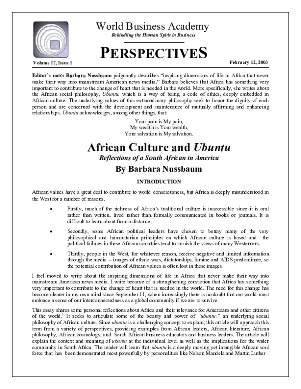 (PDF) African culture and ubuntu: Reflections of a South African in America