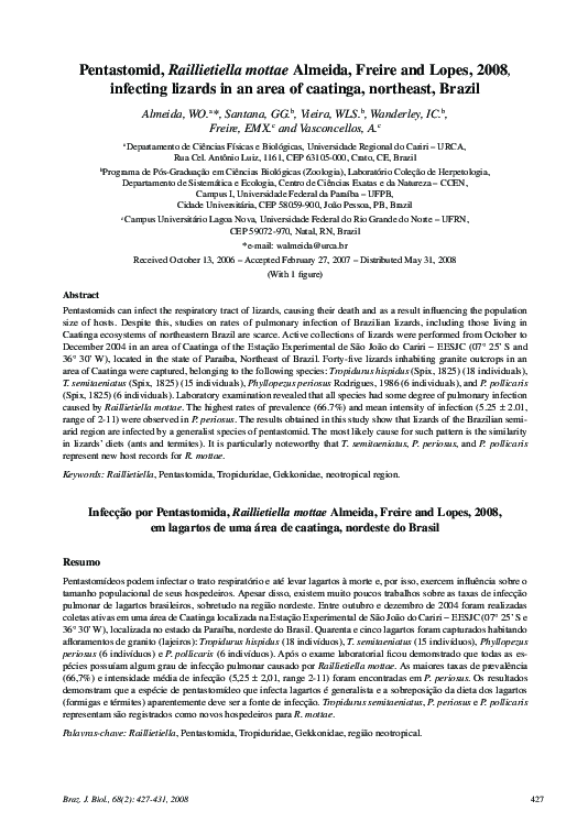 (PDF) Pentastomid, Raillietiella mottae Almeida, Freire and Lopes, 2008 ...