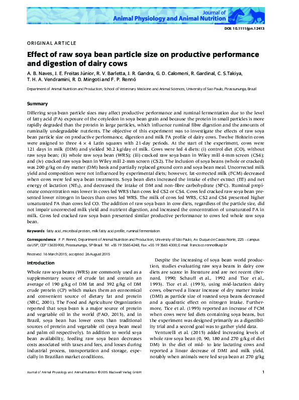 Pdf Effect Of Raw Soya Bean Particle Size On Productive Performance