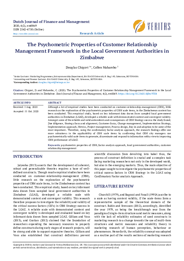 (PDF) The Psychometric Properties of Customer Relationship Management ...