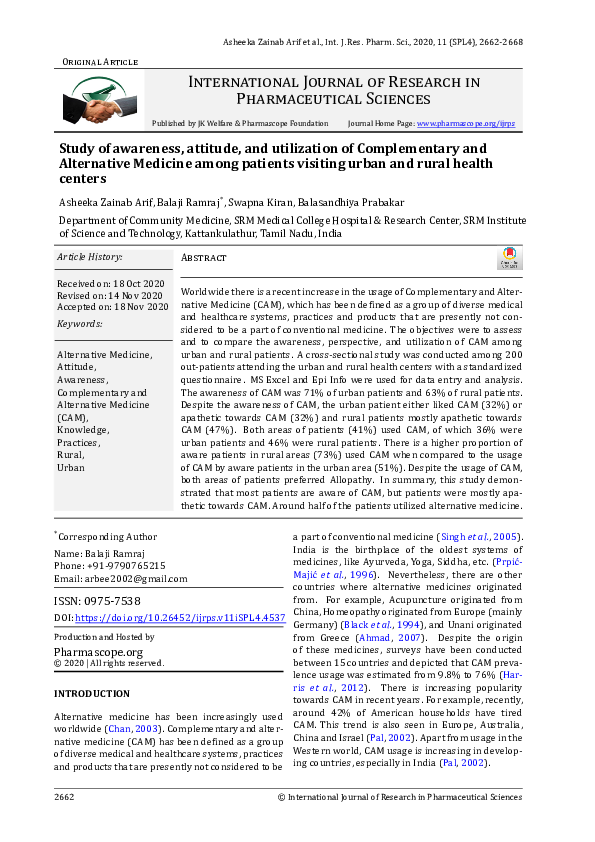 (PDF) Study of awareness, attitude, and utilization of Complementary and Alternative Medicine ...