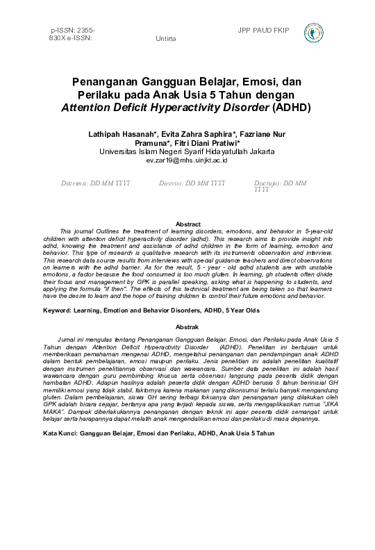 (DOC) Penanganan Gangguan Belajar, Emosi, dan Perilaku pada Anak Usia 5 Tahun dengan Attention ...