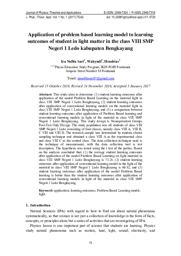 (PDF) Application of problem based learning model to learning outcomes ...