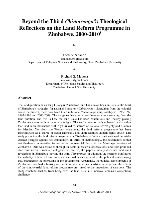 (PDF) Beyond the Third Chimurenga?: Theological Reflections on the Land ...