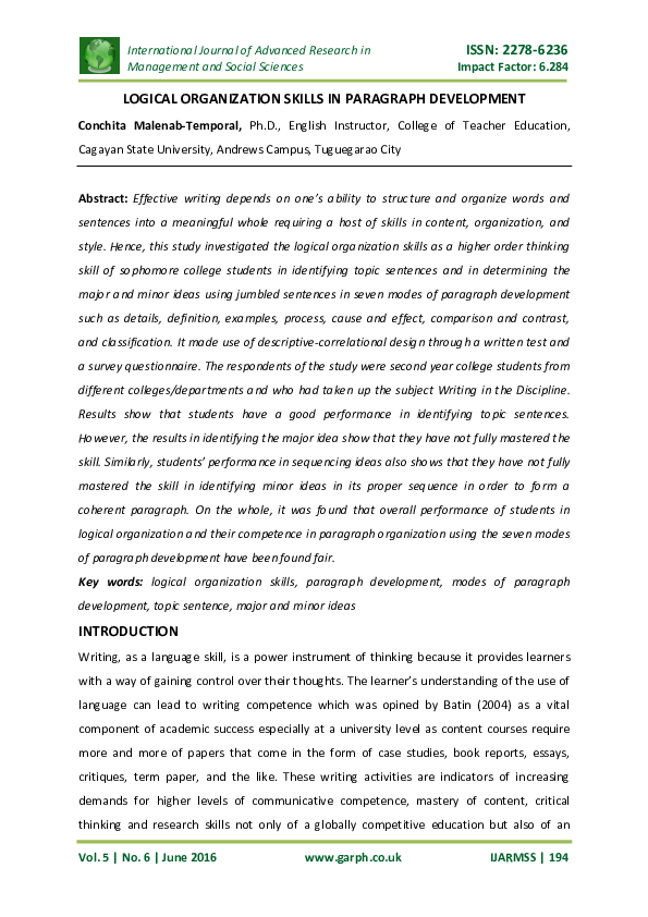 (PDF) Logical Organization Skills in Paragraph Development | Conchita ...
