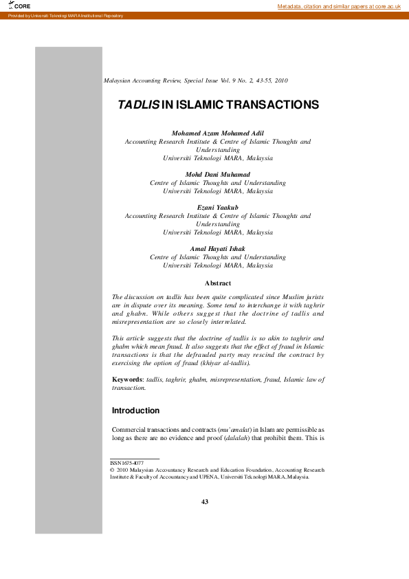(PDF) Tadlis in Islamic transactions / Mohamed Azam Mohamed Adil … [et al.]