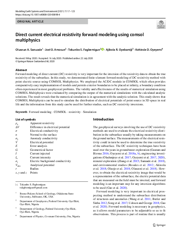 (PDF) Direct current electrical resistivity forward modeling using comsol multiphysics