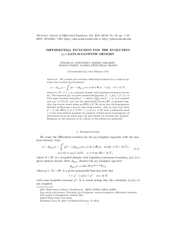 (PDF) DIFFERENTIAL INCLUSION FOR THE EVOLUTION p(x)-LAPLACIANWITH MEMORY