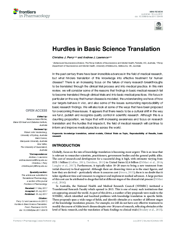 Hurdles in Basic Science Translation