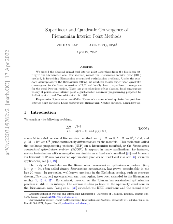 (PDF) Superlinear and Quadratic Convergence of Riemannian Interior Point Methods