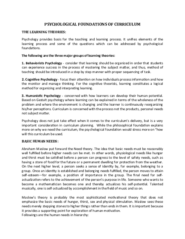 (DOC) PSYCHOLOGICAL FOUNDATIONS OF CURRICULUM