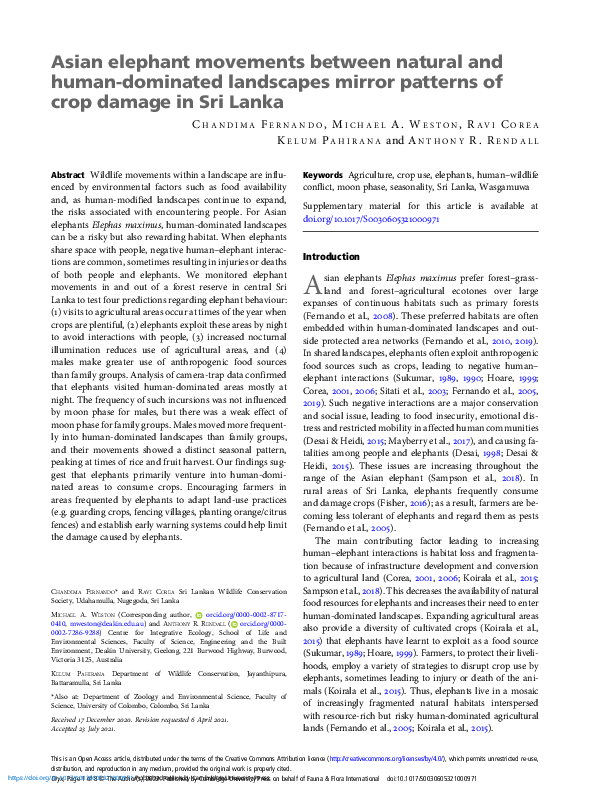(PDF) Asian elephant movements between natural and human-dominated ...