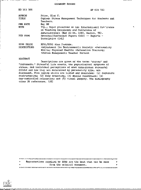 (PDF) Coping: Stress Management Techniques for Students and Teachers