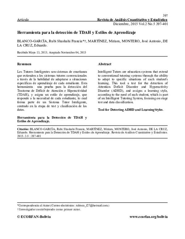 (PDF) Herramienta para la detección de TDAH y Estilos de Aprendizaje Tool for Detecting ADHD and ...