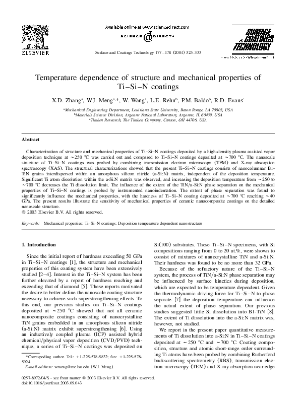 (PDF) Temperature dependence of structure and mechanical properties of Ti–Si–N coatings