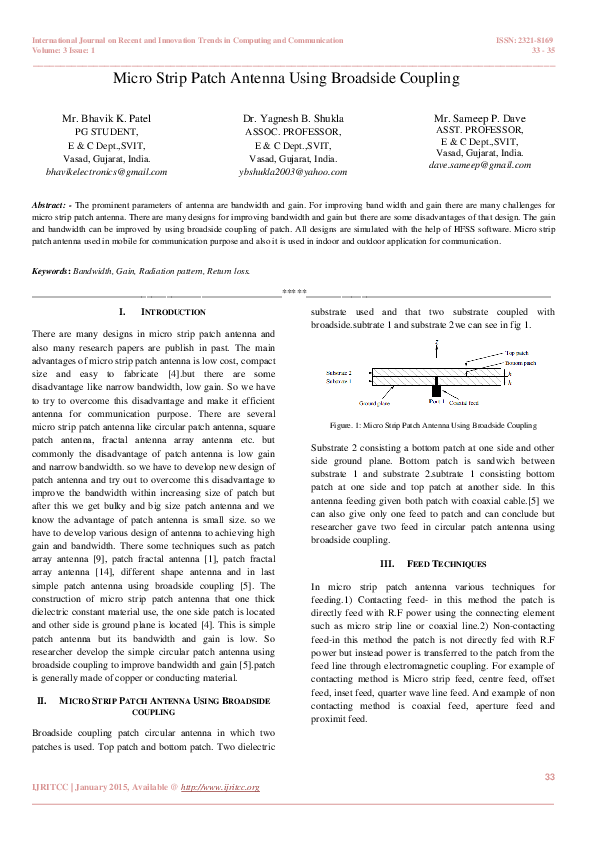 (PDF) Micro Strip Patch Antenna Using Broadside Coupling