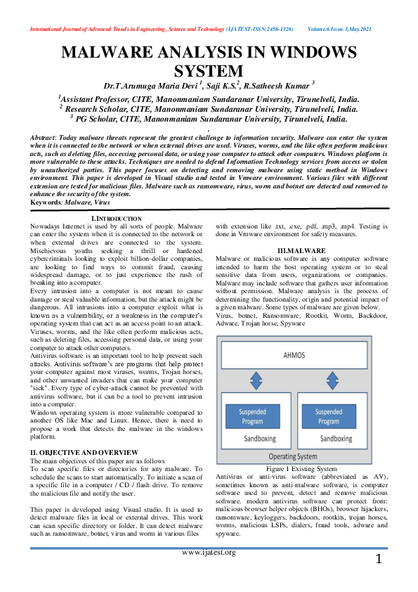 (PDF) Malware Analysis in Windows System