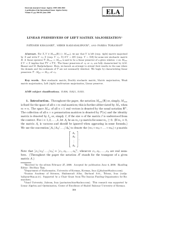 (PDF) Linear preservers of left matrix majorization
