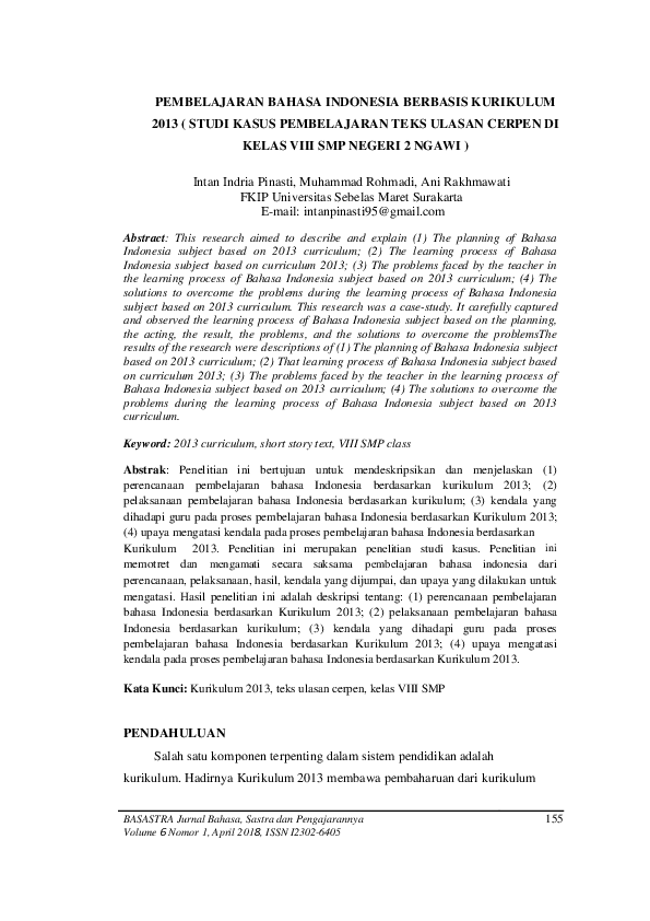 (PDF) Pembelajaran Bahasa Indonesia Berbasis Kurikulum 2013 ( Studi Kasus Pembelajaran Teks ...