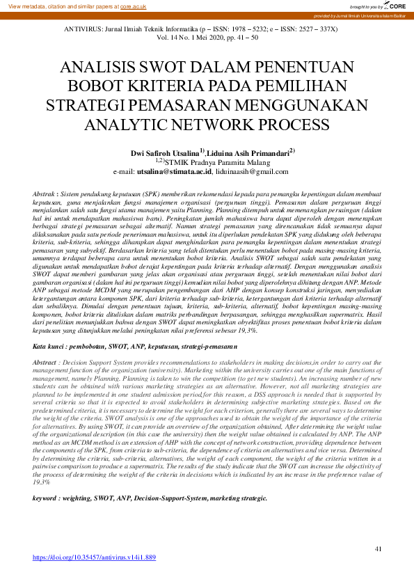 Pdf Analisis Swot Dalam Penentuan Bobot Kriteria Pada Pemilihan