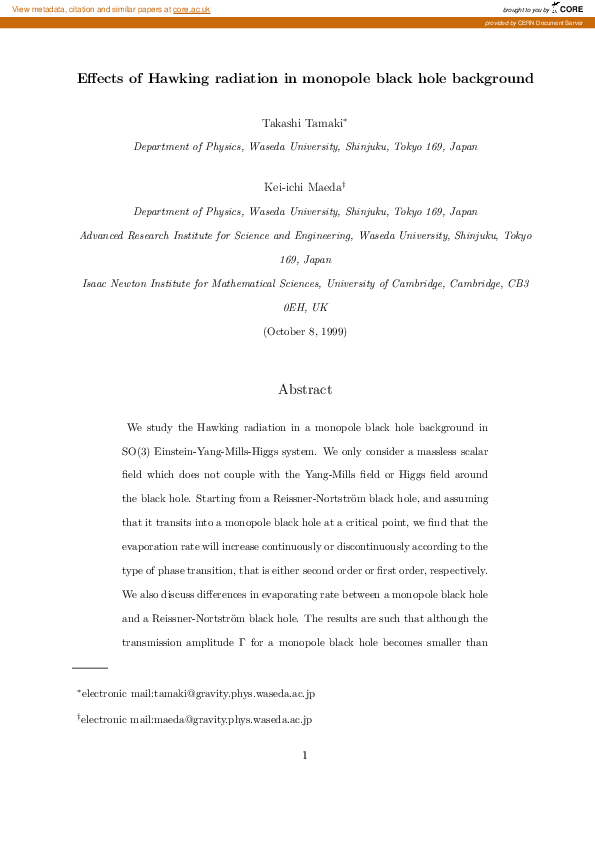 (PDF) Effects of Hawking radiation in monopole black hole background