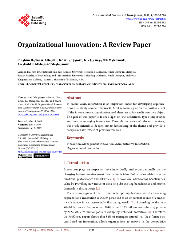 (PDF) Organizational Innovation: A Review Paper