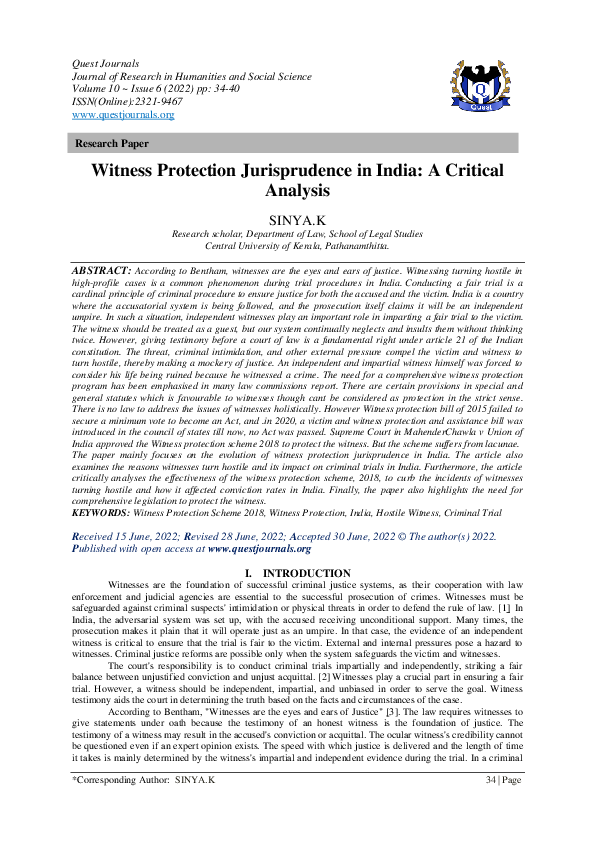 (PDF) Witness Protection Jurisprudence in India: A Critical Analysis