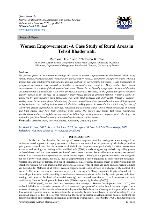 (PDF) Women Empowerment: -A Case Study of Rural Areas in Tehsil Bhaderwah